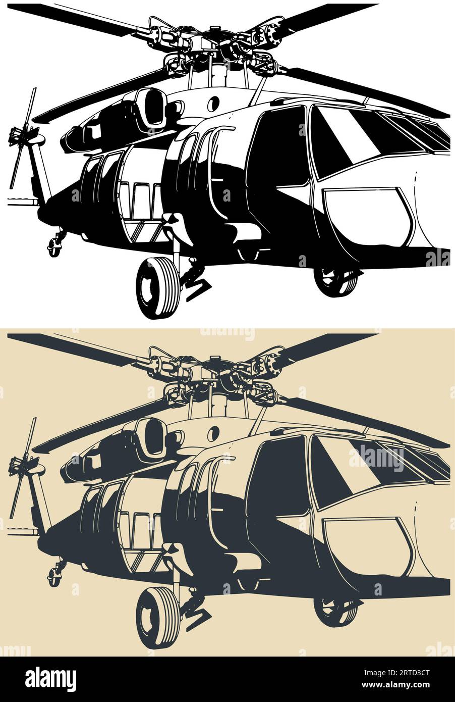 Stylized vector illustration of a four-bladed, twin-engine, medium-lift ...