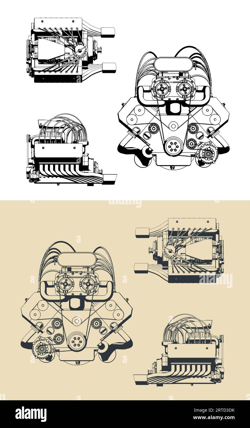 Stylized vector illustrations of blueprints of powerful turbocharged V ...
