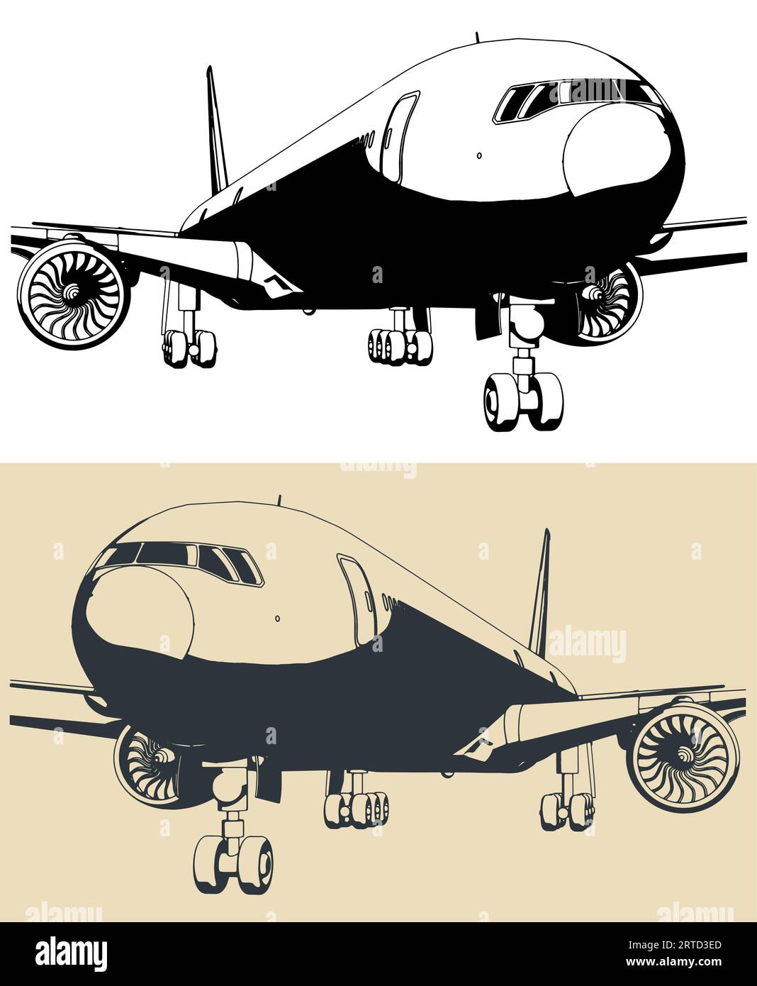 Stylized vector illustrations of a long-range passenger aircraft close-up Stock Vector Image ...
