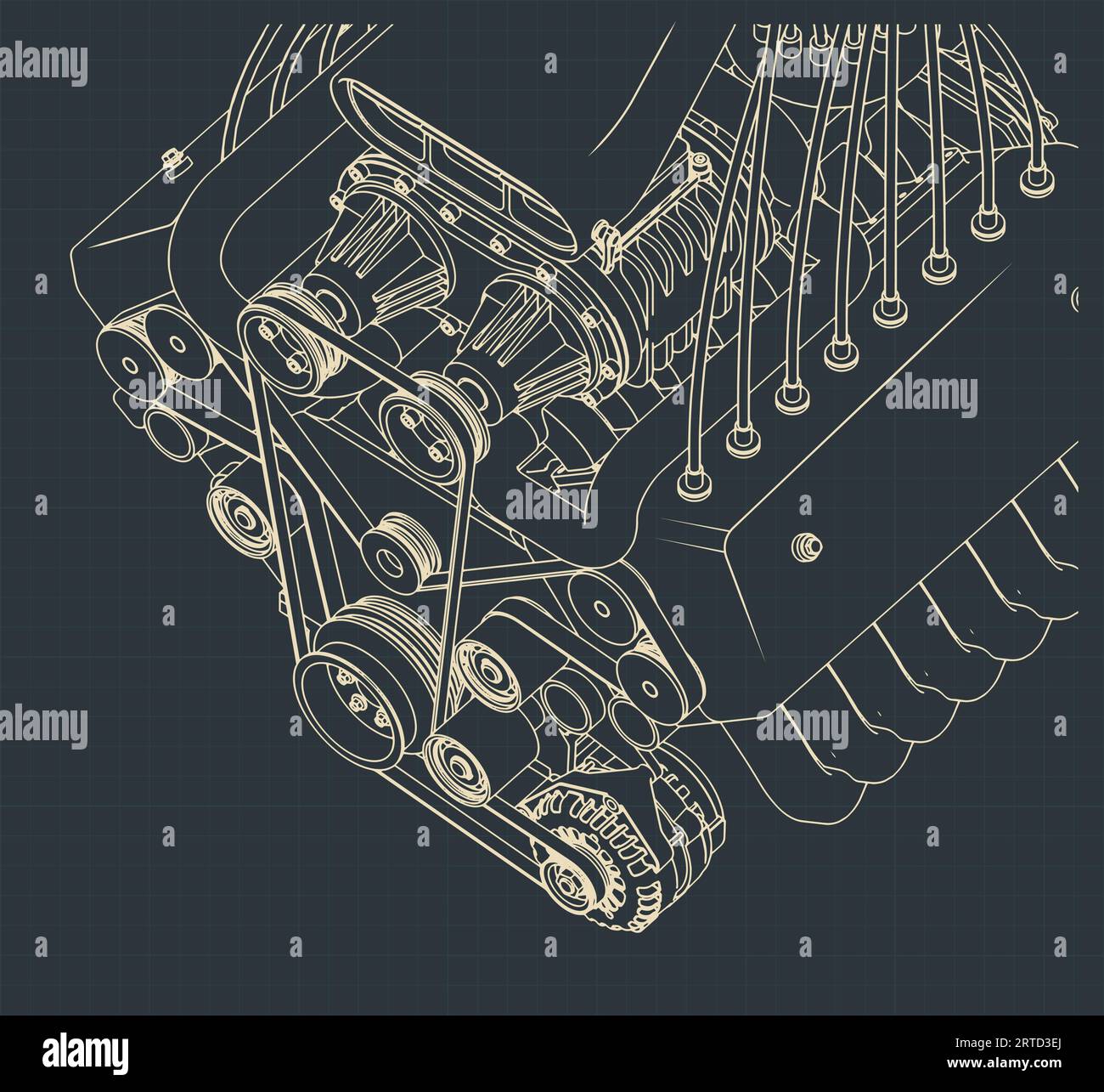 Stylized vector illustration of blueprint of powerful turbocharged V ...
