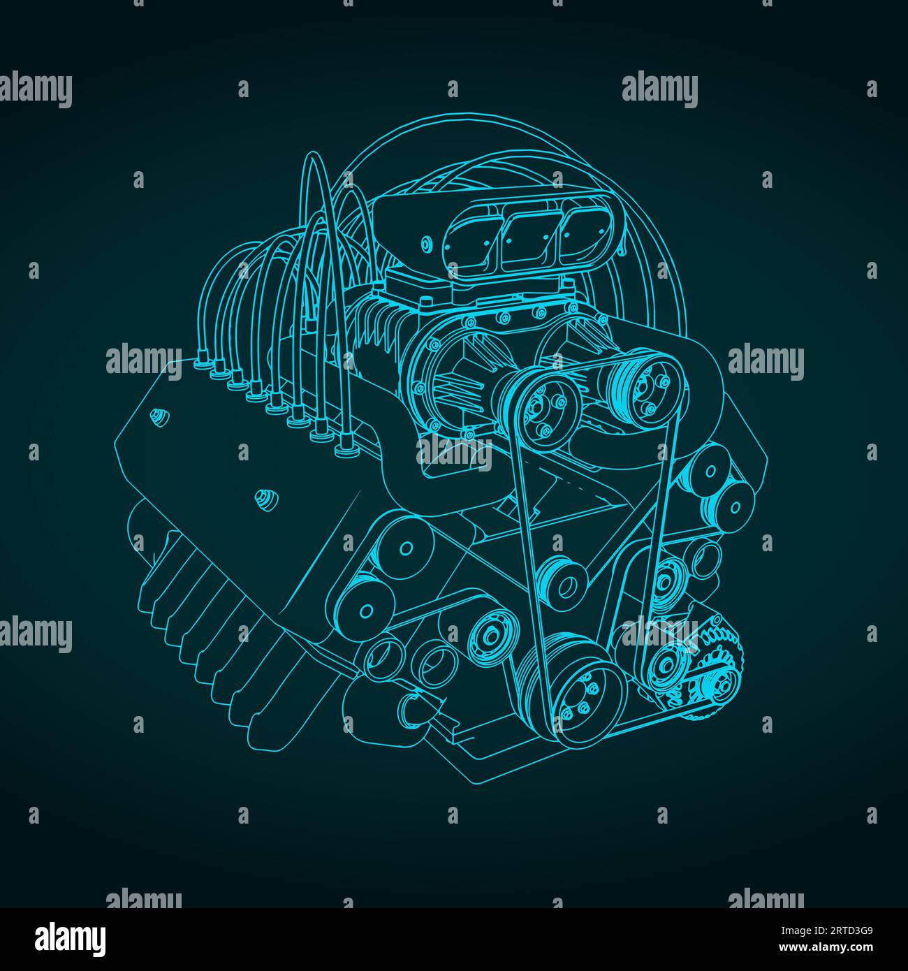Stylized vector illustration of blueprint of powerful turbocharged V ...