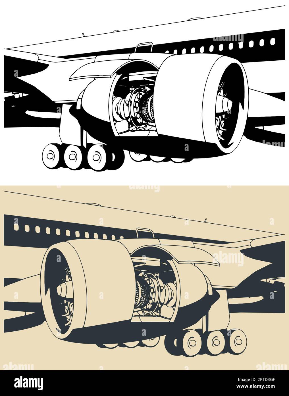 Stylized vector illustrations of a long-range passenger aircraft in maintenance close-up Stock ...