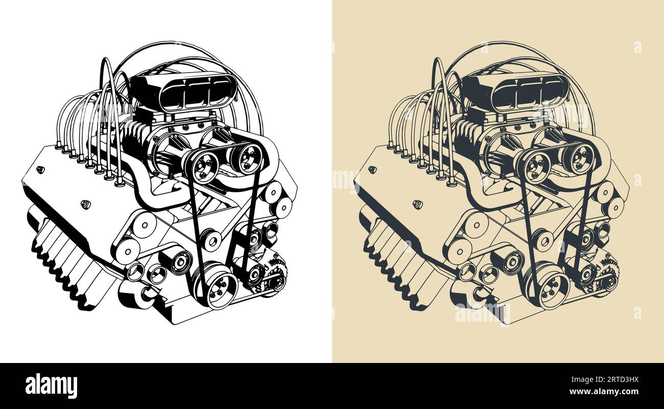 Stylized vector illustrations of powerful turbocharged V-engine Stock ...