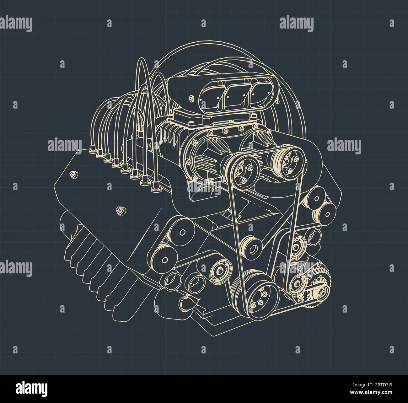 Stylized vector illustration of blueprint of powerful turbocharged V ...