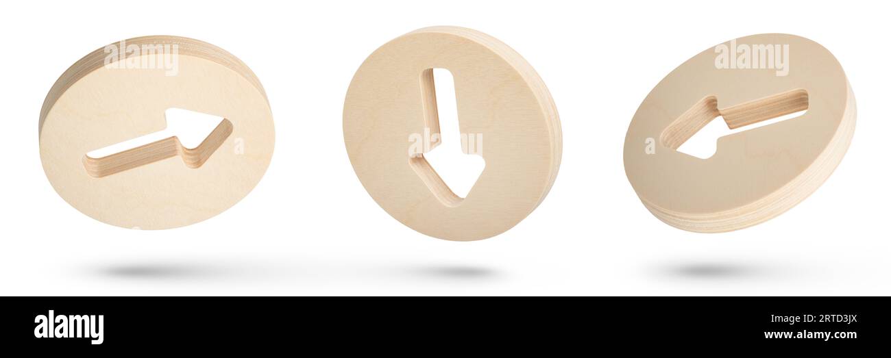 Set of wooden arrows point in different directions on a white isolated ...