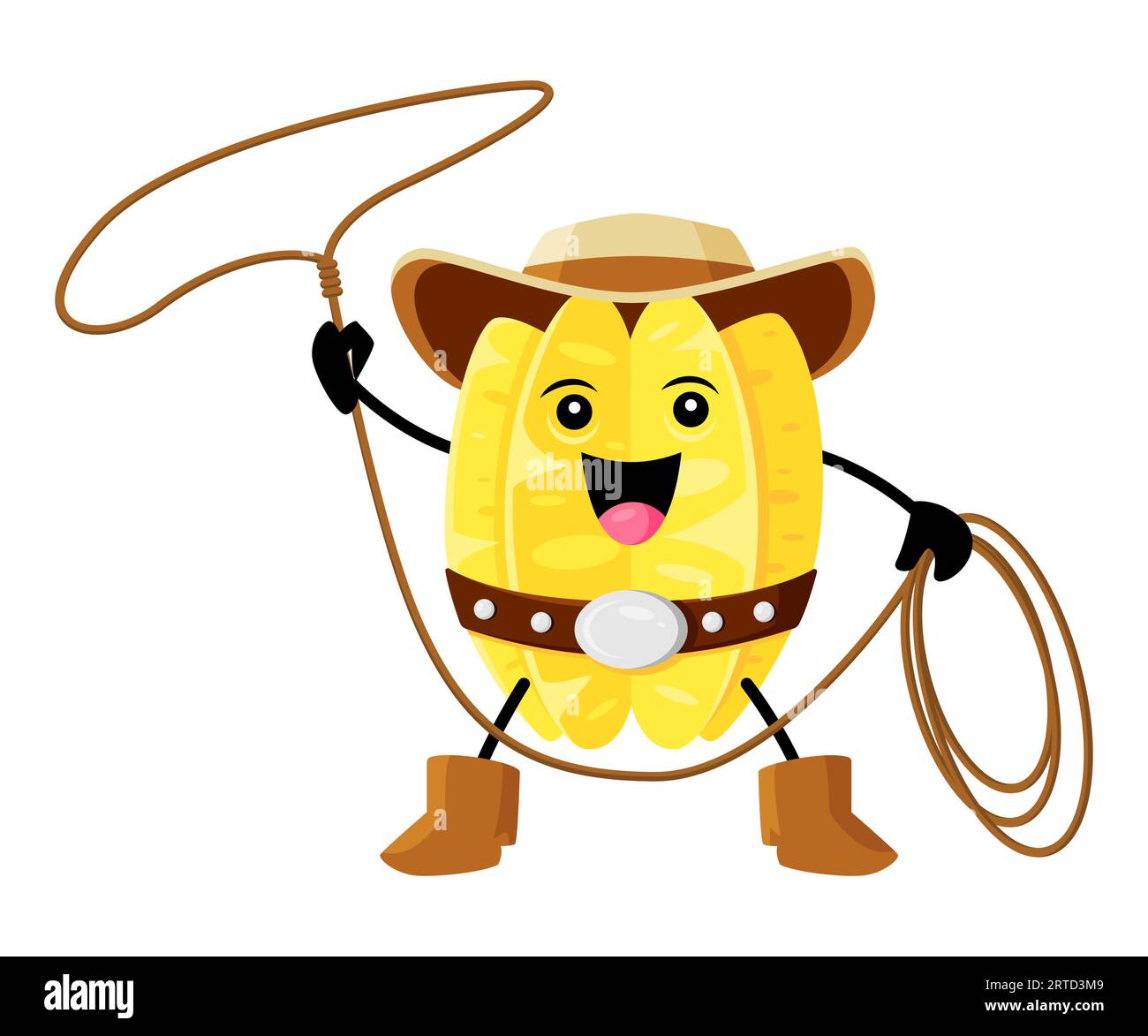 Cartoon tropical carambola or star fruit cowboy character with lasso ...