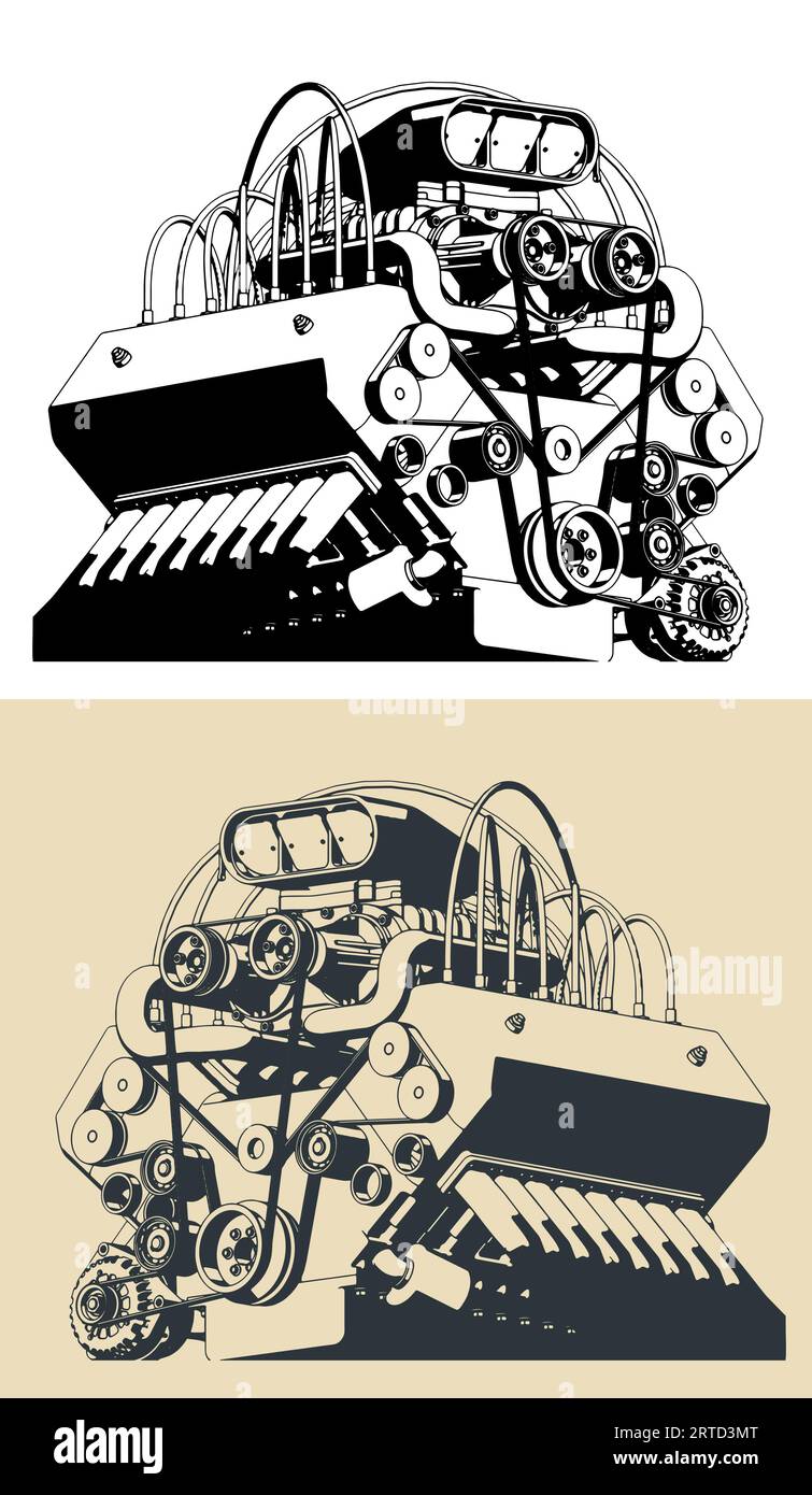 Stylized vector illustrations of powerful turbocharged V-engine Stock ...