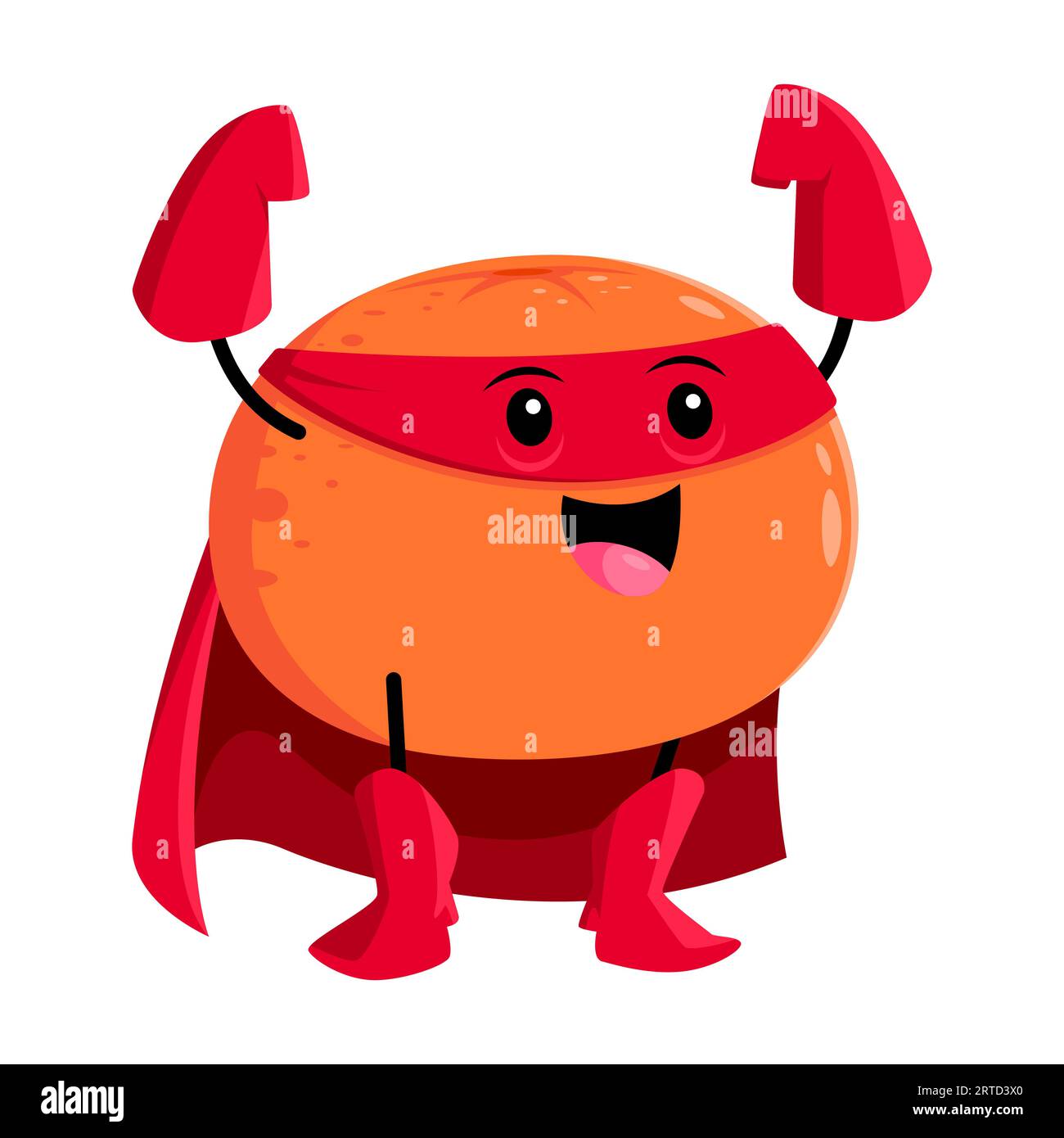 Cartoon orange fruit superhero and defender character wear red cape and ...