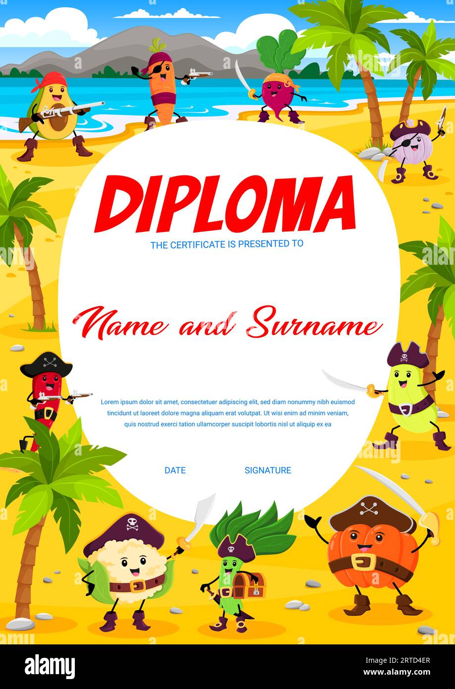 Kids diploma, cartoon vegetable pirate or corsair characters on ...
