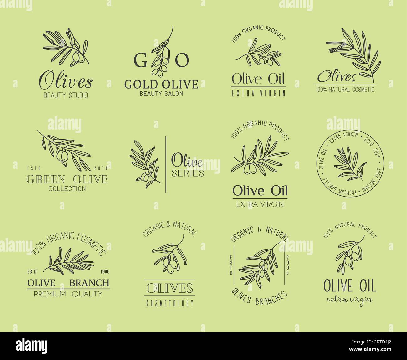 Olive oil cosmetic icons of leaf branch and olives in vector line for ...