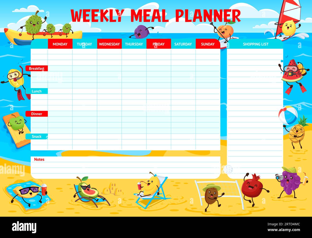 Weekly meal planner, cartoon funny fruits on summer beach vacation. Vector schedule, organizer ...
