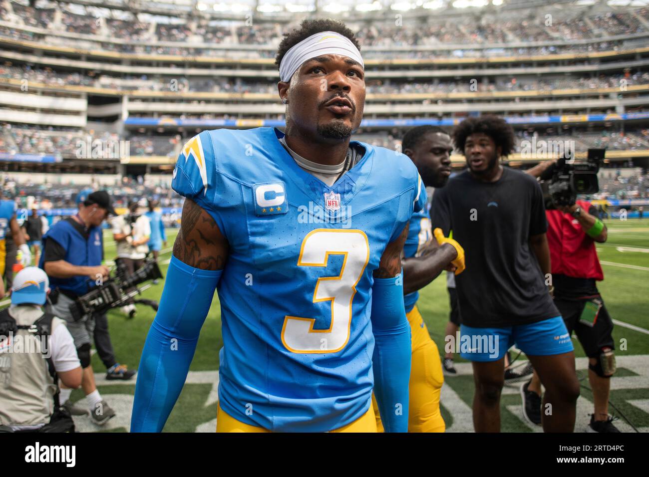 Los Angeles Chargers safety Derwin James Jr. (3) walks back to the ...