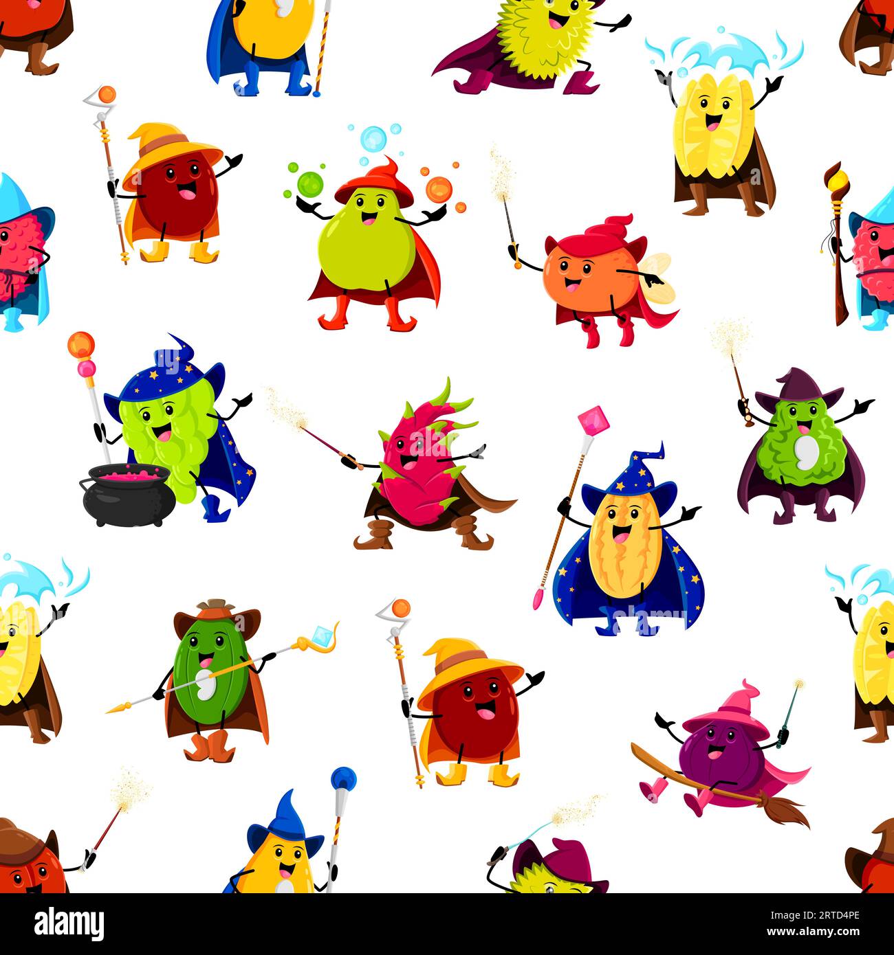Cartoon tropical fruit mage, wizard and warlock characters seamless ...