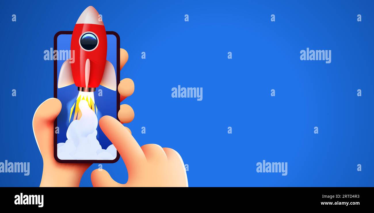 Cute cartoon hand holding mobile smartphone with launching rocket ...