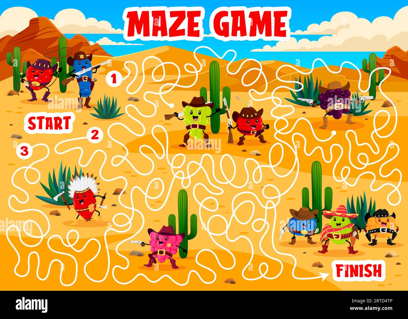 Western labyrinth maze, cartoon berry cowboy, sheriff, ranger and ...