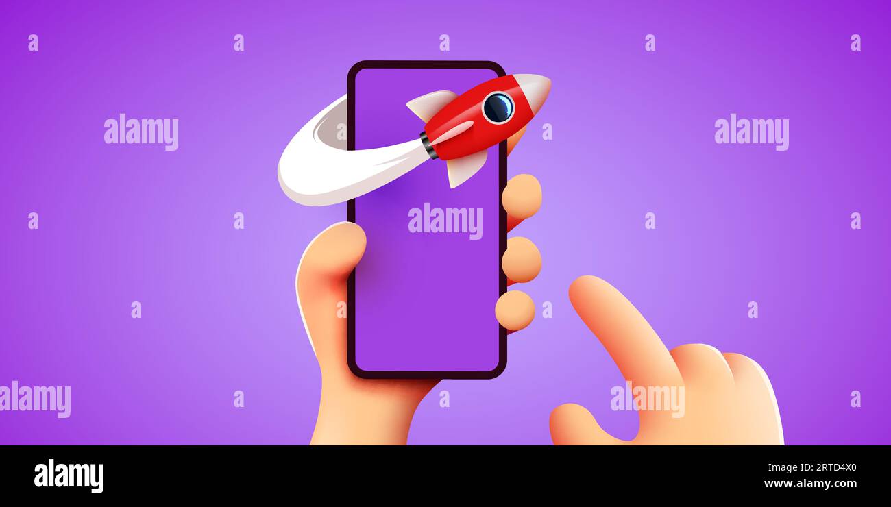 Cute cartoon hand holding mobile smartphone with launching rocket ...