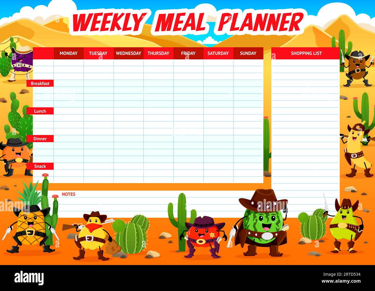 Weekly meal planner, cartoon western cowboy, sheriff and robber fruits ...