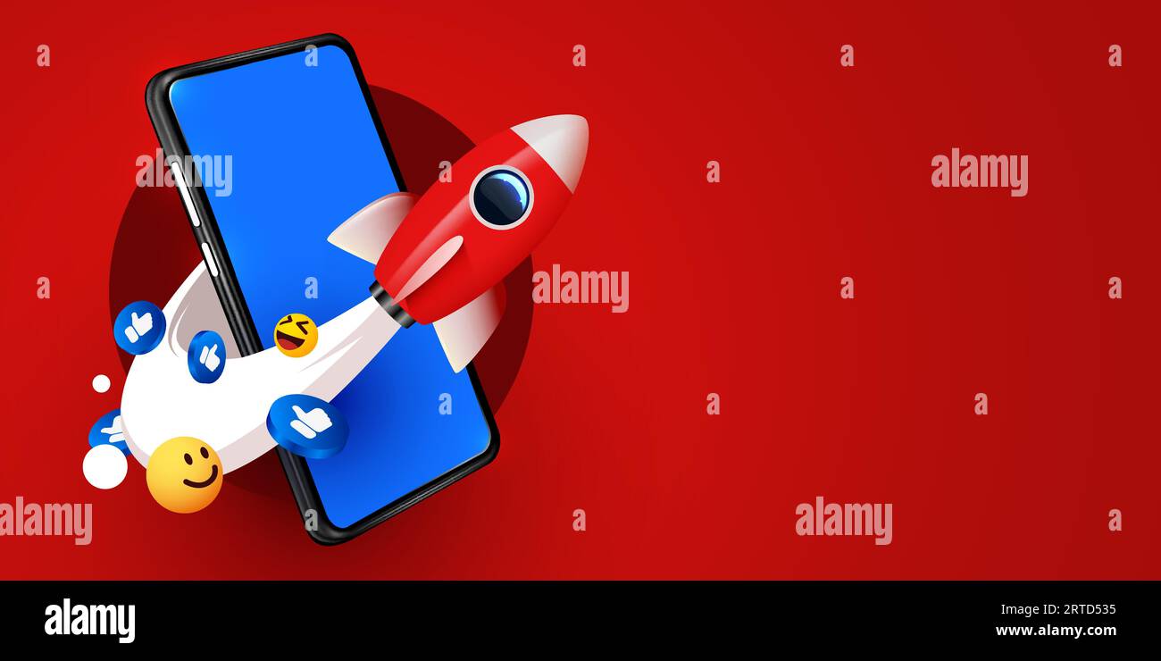 Smartphone with flying rocket and social media icons. Social media and ...