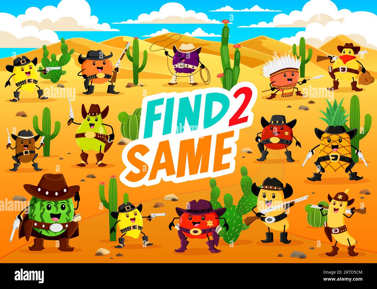 Wild West game, find two same cartoon cowboy, sheriff and robber fruits ... Wild West game, find two same cartoon cowboy, sheriff and robber fruits ...