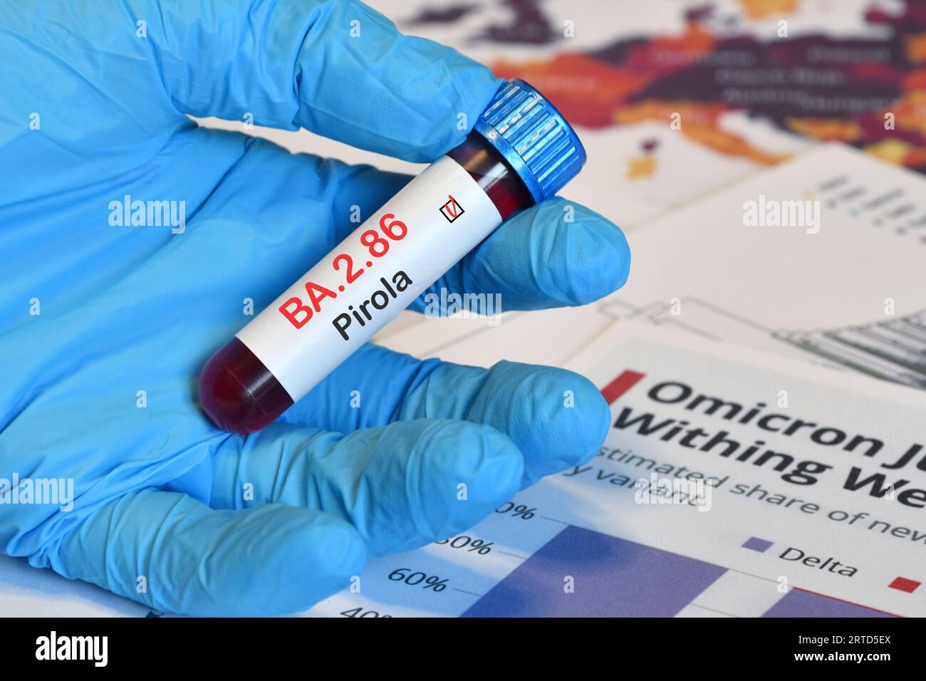 Doctor holds blood test tube for the detection of the BA.2.86 Pirola ...
