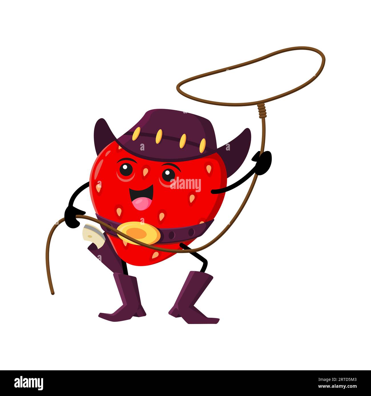 Cartoon funny cowboy strawberry berry spinning lasso. Vector sheriff ...