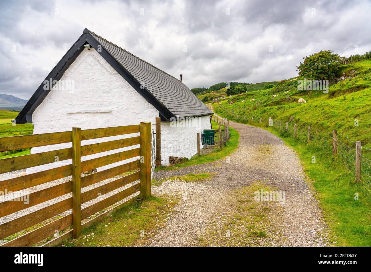 Green landscape of mountains with sheep farms on the Isle of Skye ...