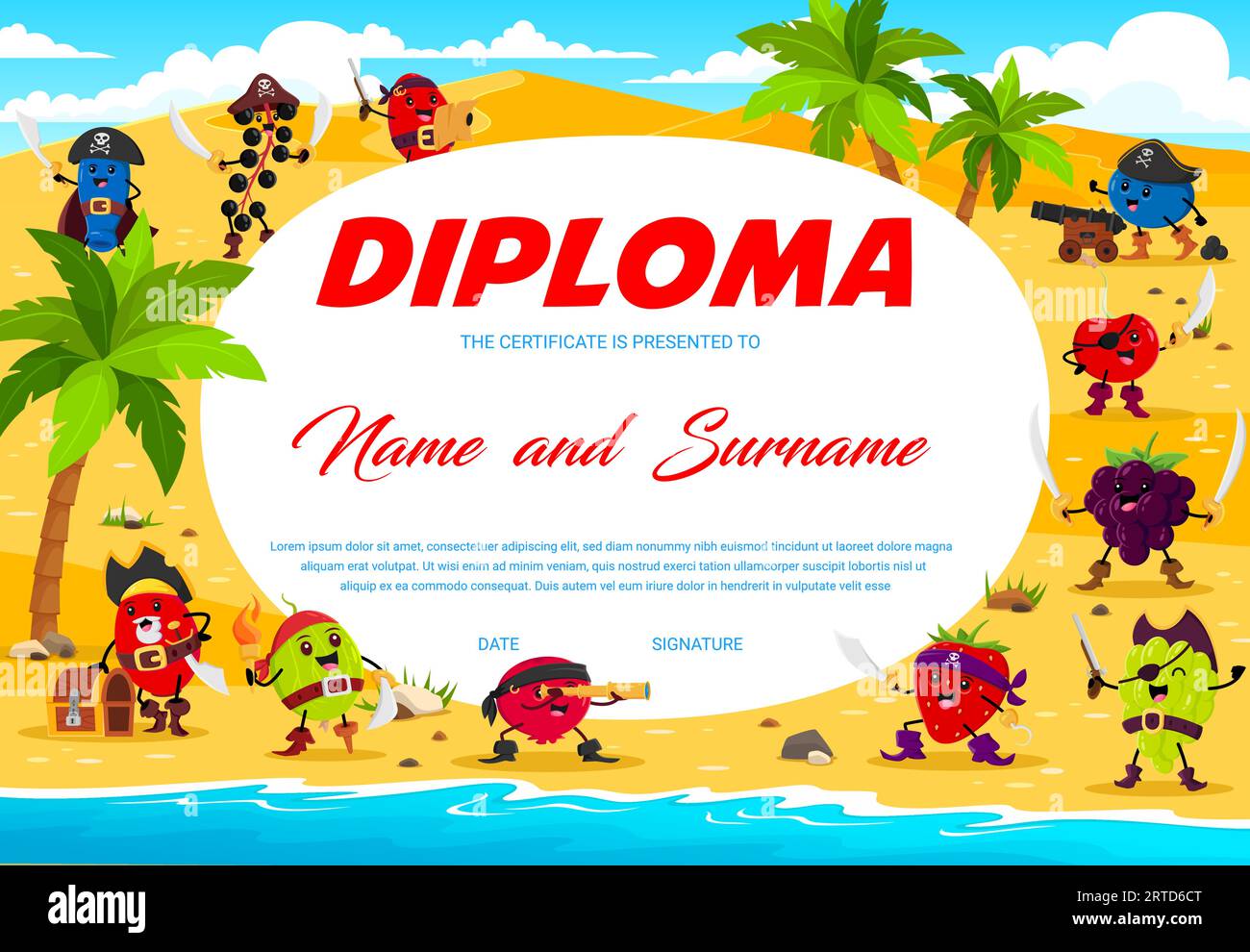 Kids pirate diploma. Cartoon berry pirates and corsairs on island ...