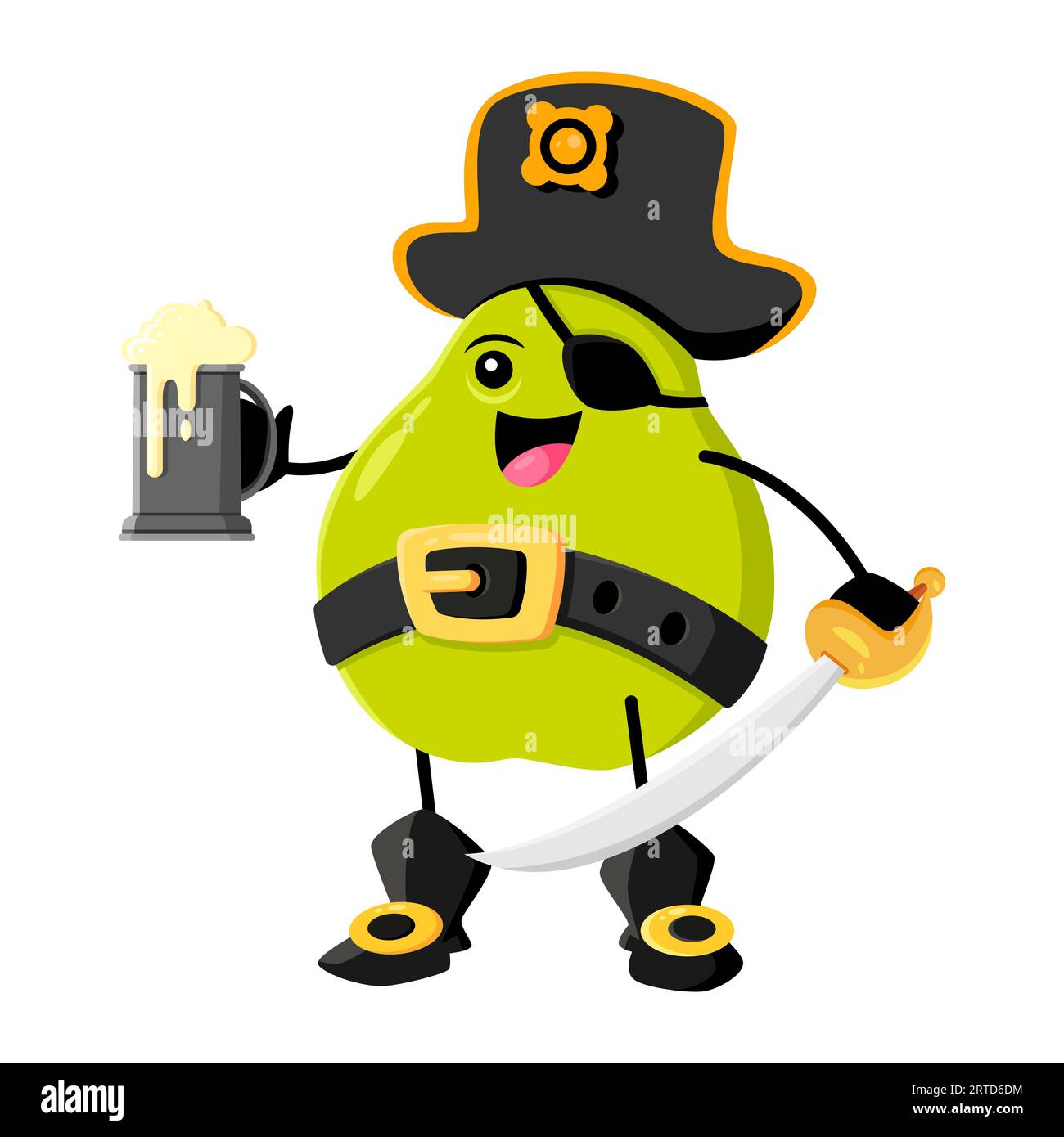 Cartoon pear fruit pirate character holding mug with refreshing foamy ...