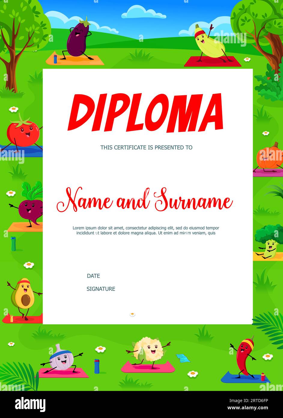 Kids diploma template. Funny vegetable characters on yoga. Education ...