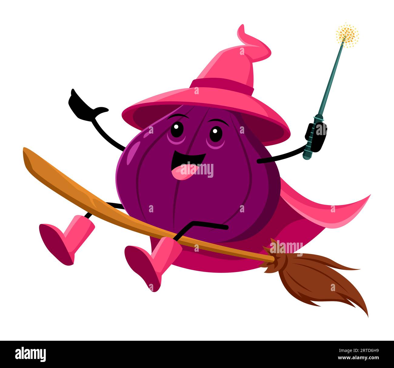 Cartoon figs fruit wizard or magician character riding broomstick ...