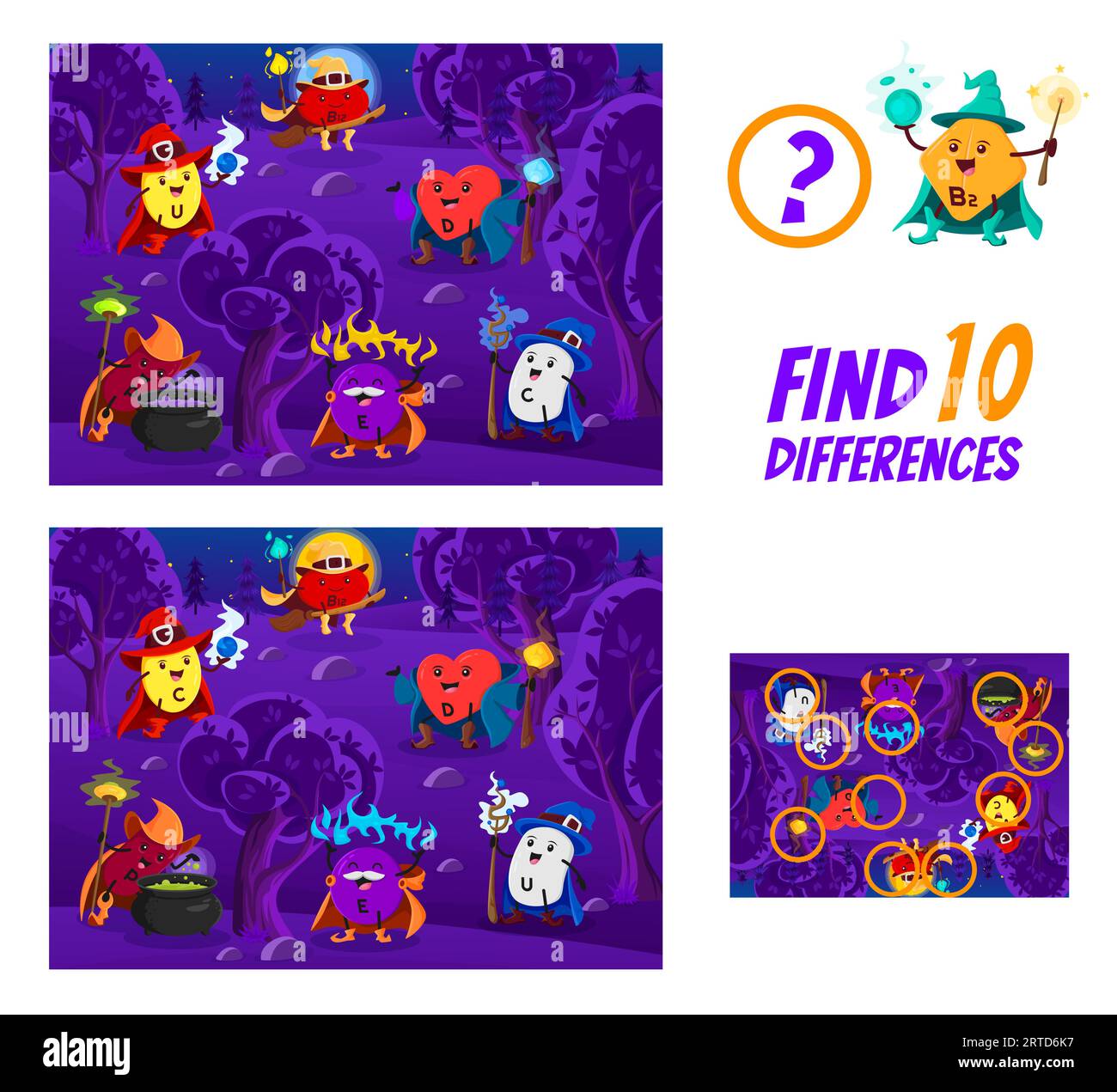 Find ten differences. Cartoon vitamin wizards and mages in night forest ...