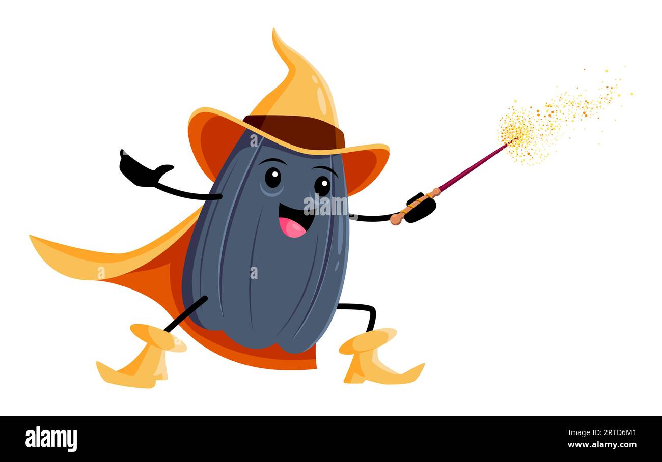 Cartoon sunflower seed wizard, witch and mage character with a wand ...