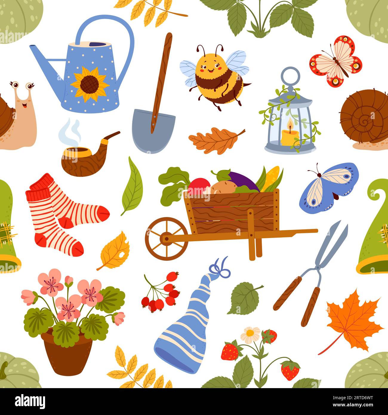 Autumn nature, farm tools and harvest seamless pattern. Textile pattern ...