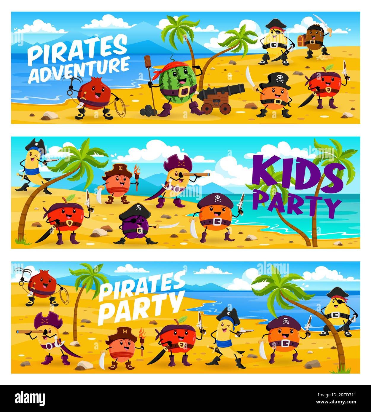 Cartoon fruit pirates and corsairs characters on treasure island ...