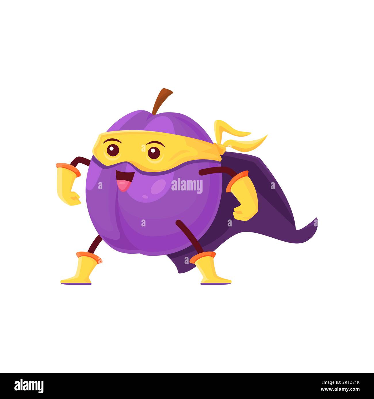 Cartoon plum fruit superhero character, isolated vector damson super ...