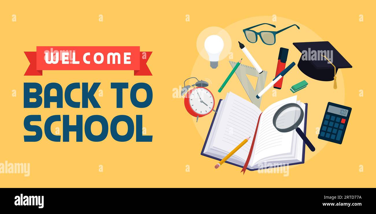 Welcome back to school: book and assorted school supplies, learning and ...