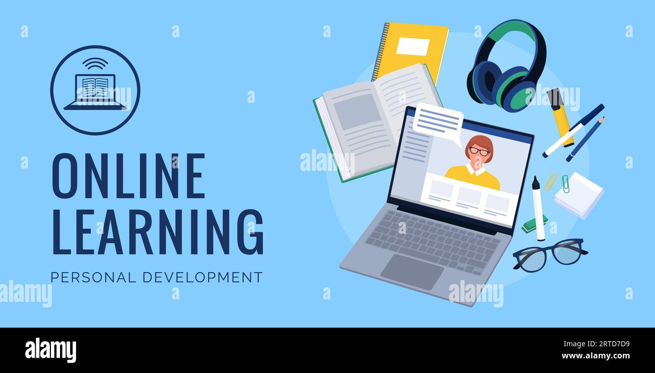 Online learning: online course on a laptop and educational supplies; e ...