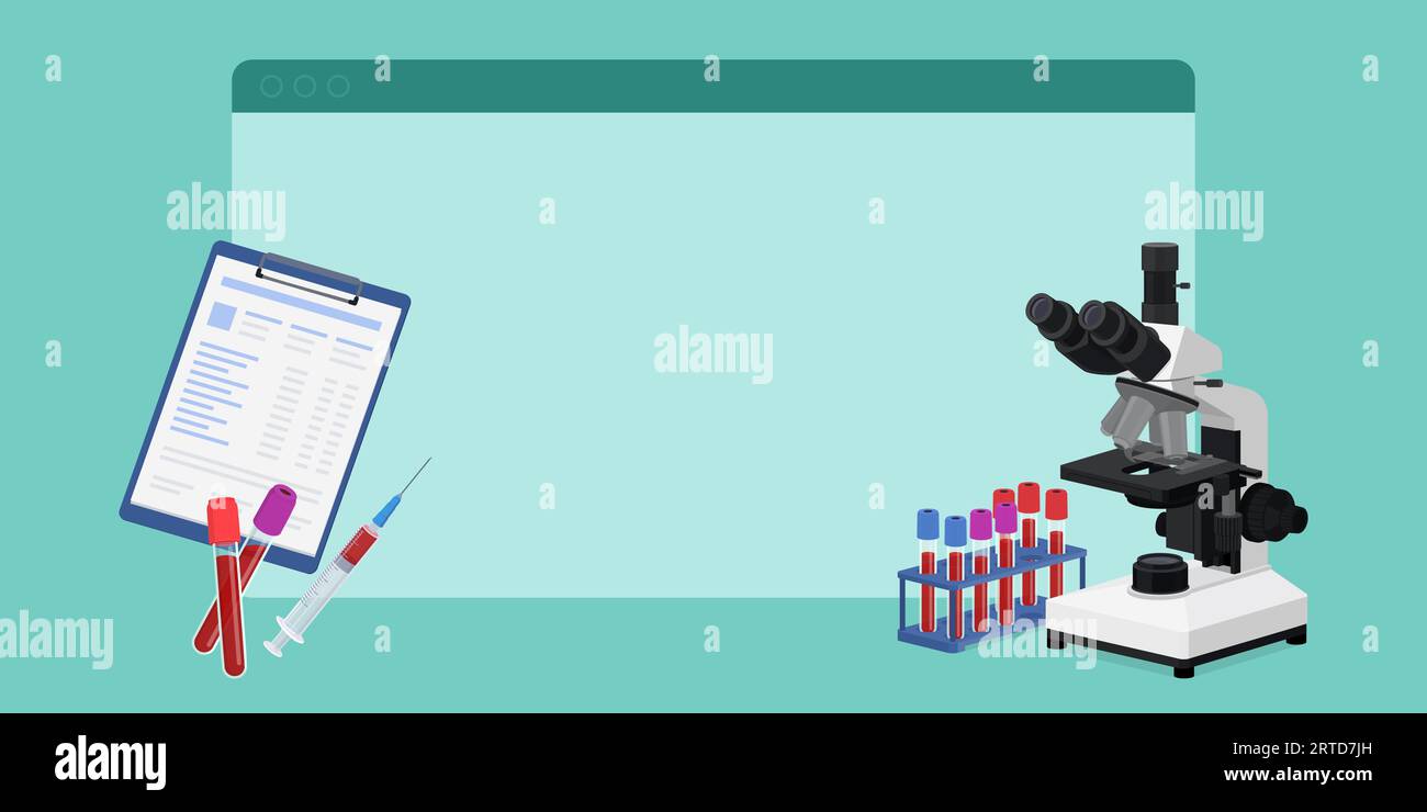 Blood test: microscope, blood samples and medical records, blank ...