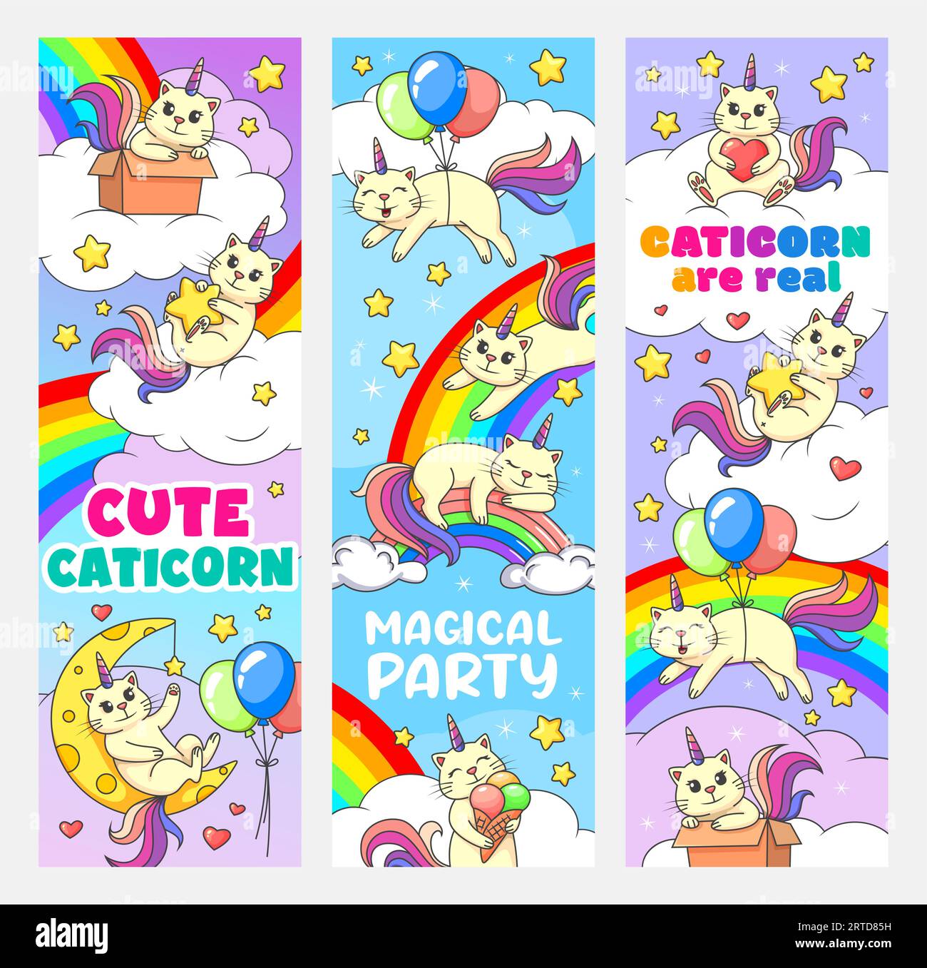 Cartoon cute caticorn cats and kitty characters on rainbow. Kids party ...