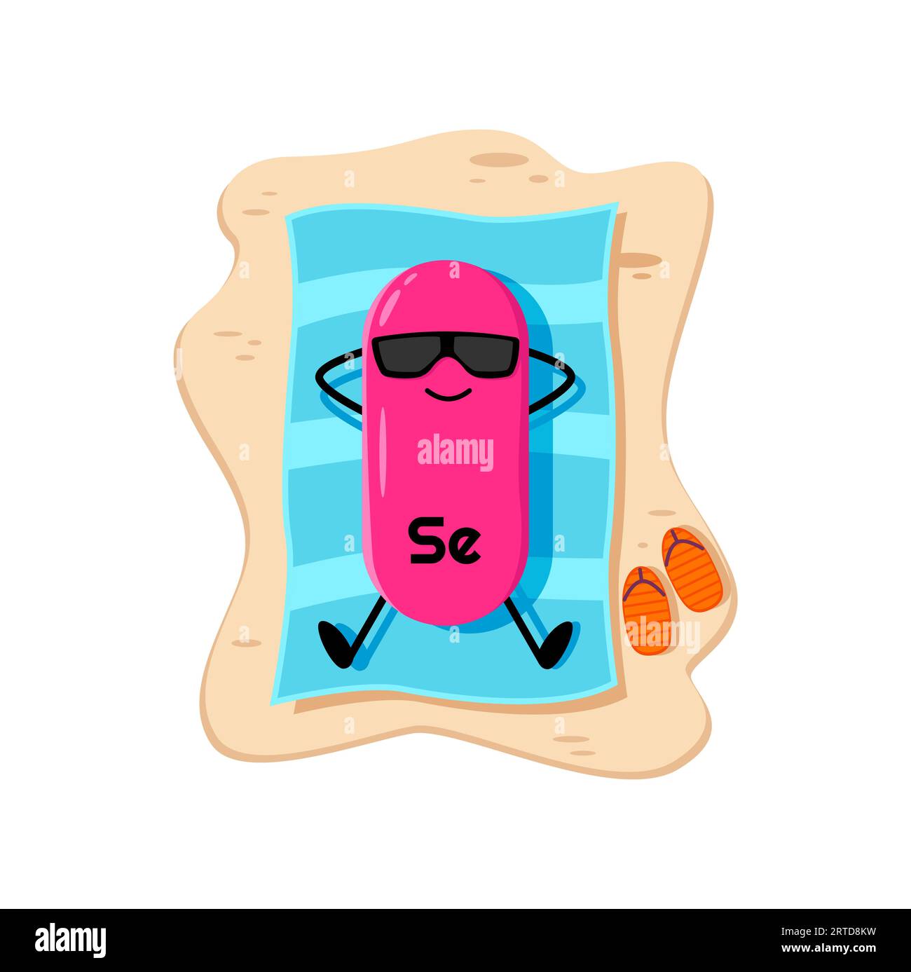 Cartoon Selenium Micronutrient Character Sunbathing On Beach During