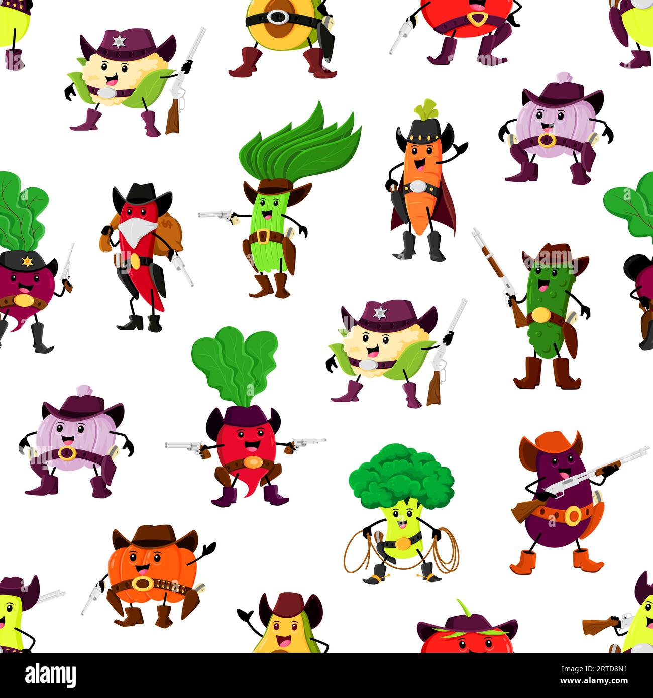 Cartoon vegetable cowboy and rangers seamless pattern. Funny Wild West ...
