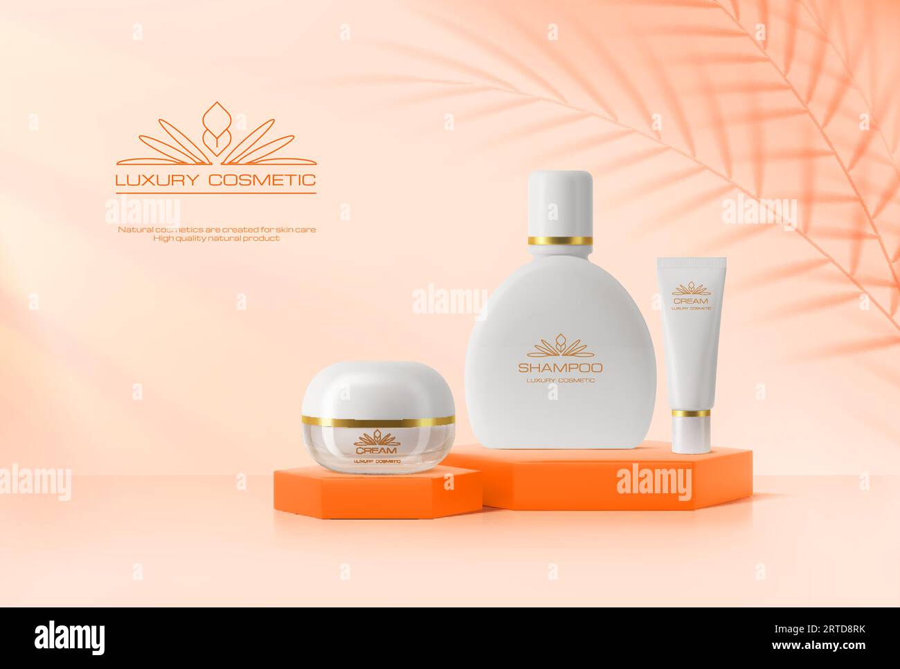 Orange cosmetics podium with palm shadow on wall, beauty products ad ...