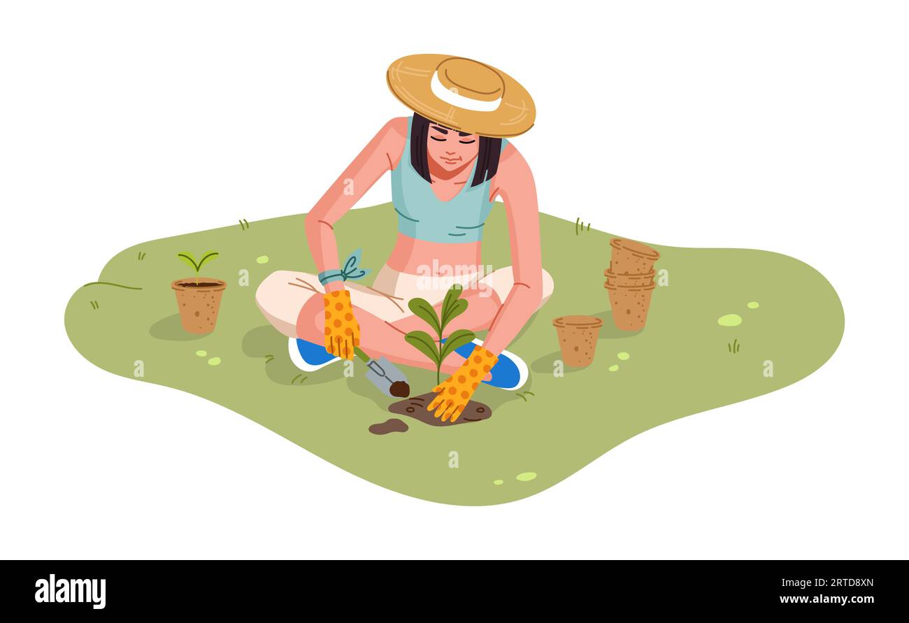 Gardener Or Farmer Woman Character Planting Plants At Garden Vector Agriculture Gardening Or