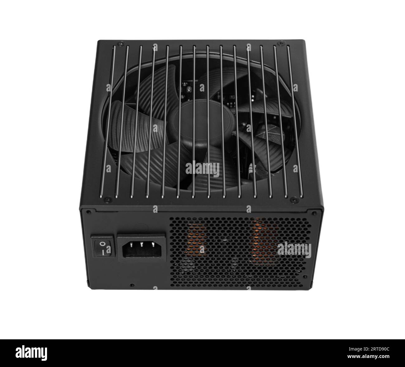 Black metal power source of computer isolated on the white background ...