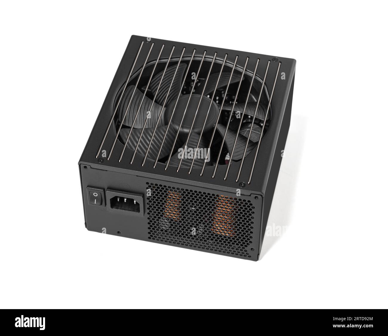 Black metal power source of computer isolated on the white background ...