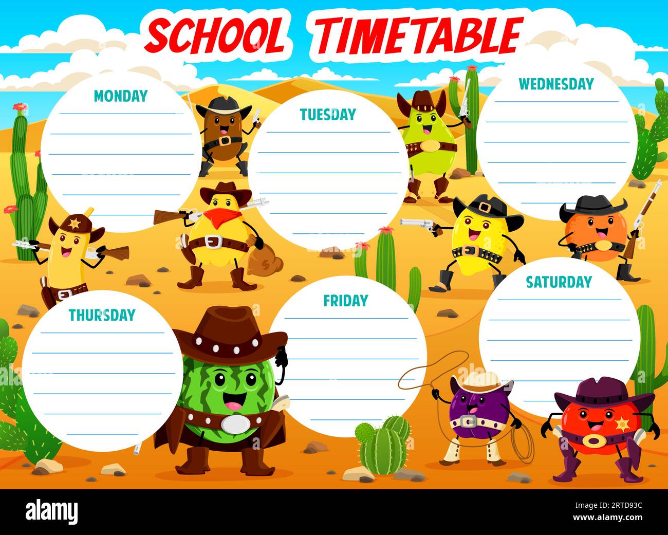 Timetable schedule with cartoon western cowboy, sheriff and robber ...