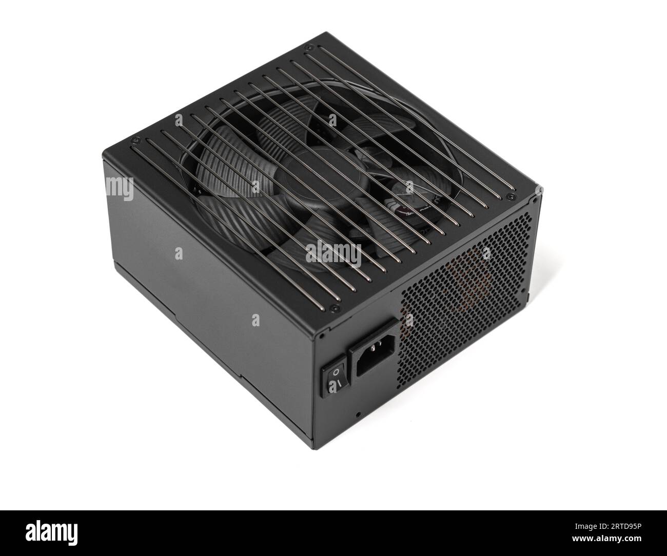 Black metal power source of computer isolated on the white background ...