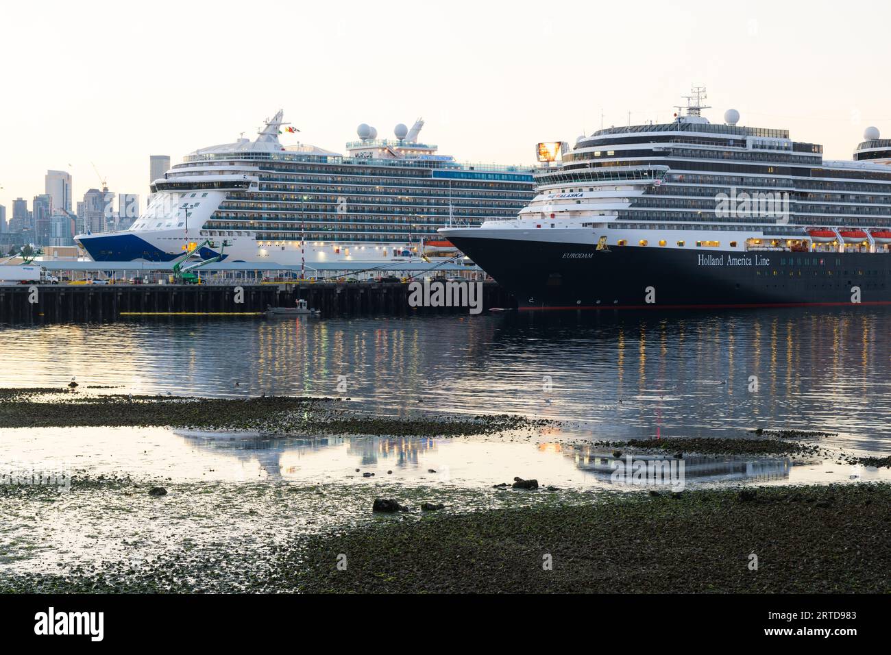 Seattle - September 9, 2023; Pair of cruise ships at dawn moored in ...