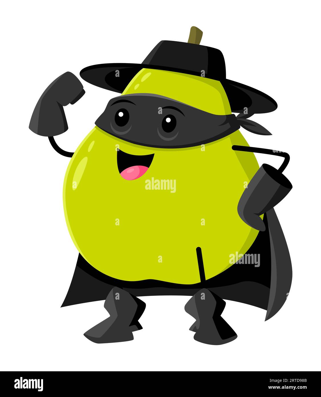 Cartoon green pear fruit superhero and defender character wear black ...