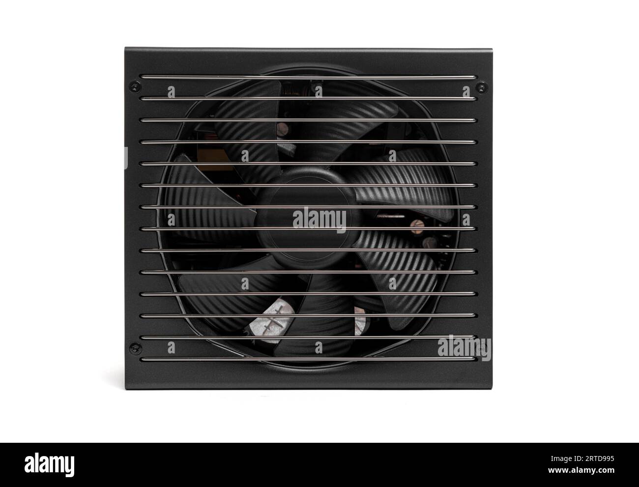 Black metal power source of computer isolated on the white background ...